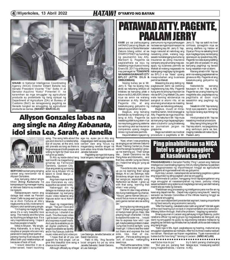 Ang PUBLIC APOLOGY na ito ay lumabas sa pahina 4 ng HATAW D’yaryo ng ...